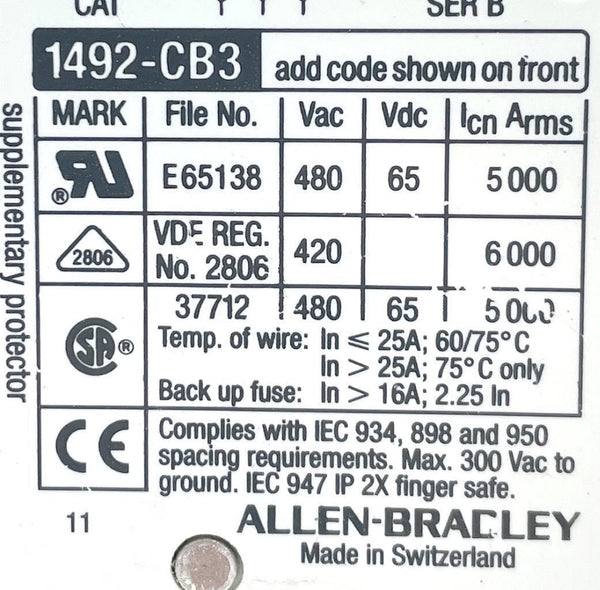 Allen-Bradley 1492-CB3H150 Ser. B Circuit Breaker 3-Pole 15A 480VAC 3P