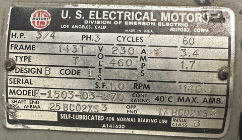 U.S. Electrical Motors F-1503-03-270 Motor 3/4 HP 1140 RPM 230/460V 3