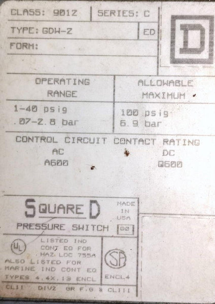 Square D 9012 GDW-2 Series C Pressure Switch 1-40 PSI Range 100 PSI Ma