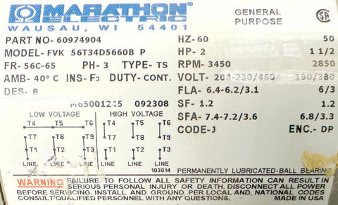 Marathon Flowserve FVK-56T34D5660B-P General Purpose Motor 60974904 P-