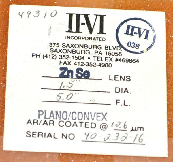 II-VI INFRARED 49310 ZNSE LENS 1.5" DIAMETER X 5" FL AR COATED @ 10.6