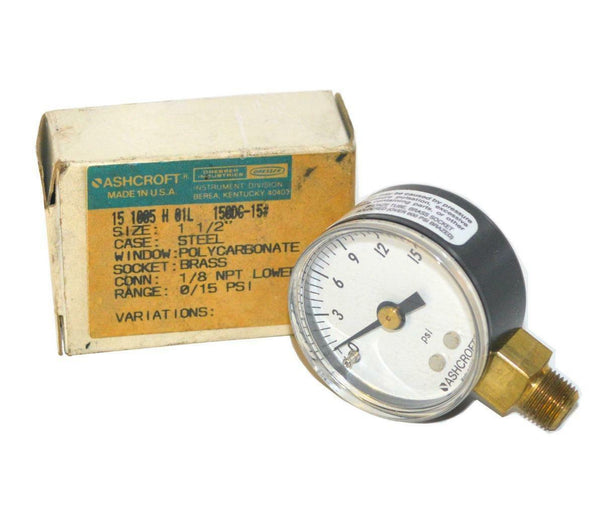 NEW ASHCROFT 15-1005-H-01L 0-15 PSI PRESSURE GAUGE 1/4" NPT BOTTOM MOU