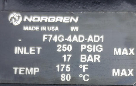 Norgren F74G-4AD-AD1 Pneumatic Air Filter 1/2" NPT 140SCFM 250 PSI Max