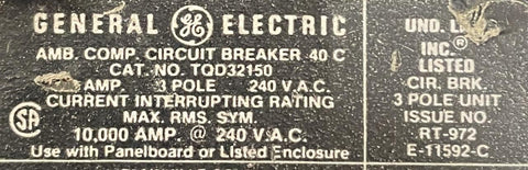 General Electric TQD32150 3-Pole Circuit Breaker 150A 240VAC 3PH Bolt-