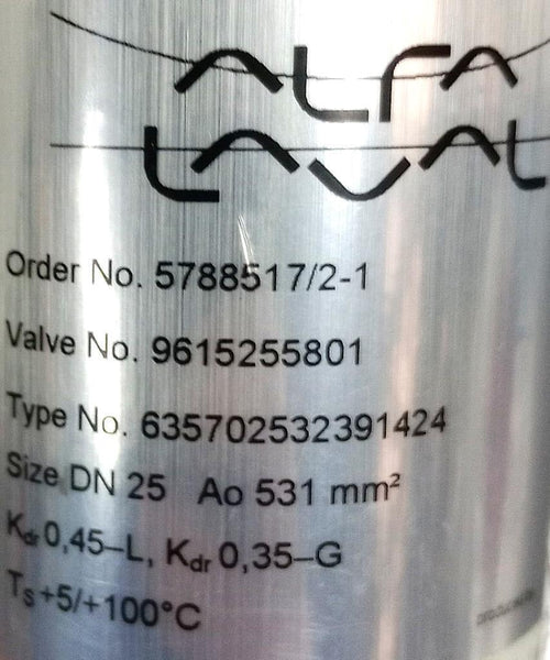 Alfa Laval 9615255801 Pneumatic Safety Valve Size DN25 531mm² 0.2-12.0 ...