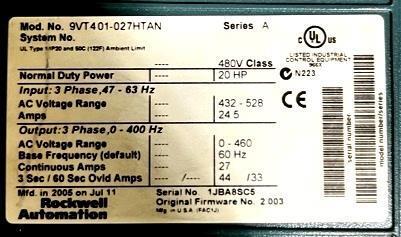Rockwell Automation 9VT401-027HTAN AC Drive Series A 20A 3 Phase 480V