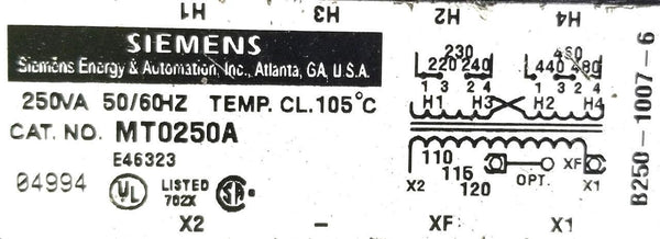 Siemens MT0250A Transformer 250VA 50-60Hz CL 105°C E46323 B250-1007-6