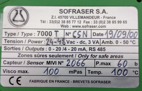 Sofraser 7000T Viscosity Transmitter 24-48VAC/DC 3VA 100mPas 100°C Max