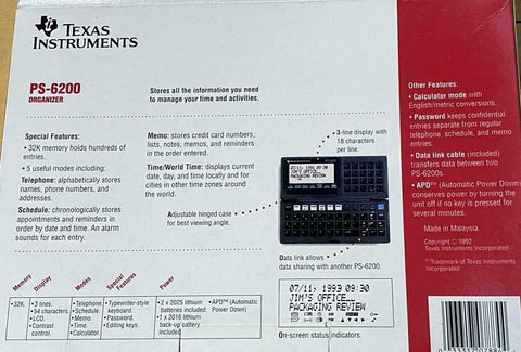 Texas Instruments PS-6200 Portable Pocket Organizer Vintage