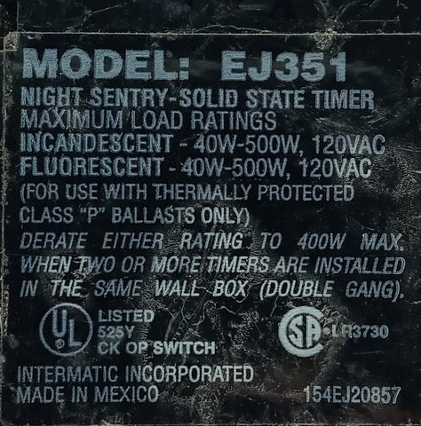 Intermatic EJ351 Solid State Programmable In-Wall Timer 15Min - 24Hr 1