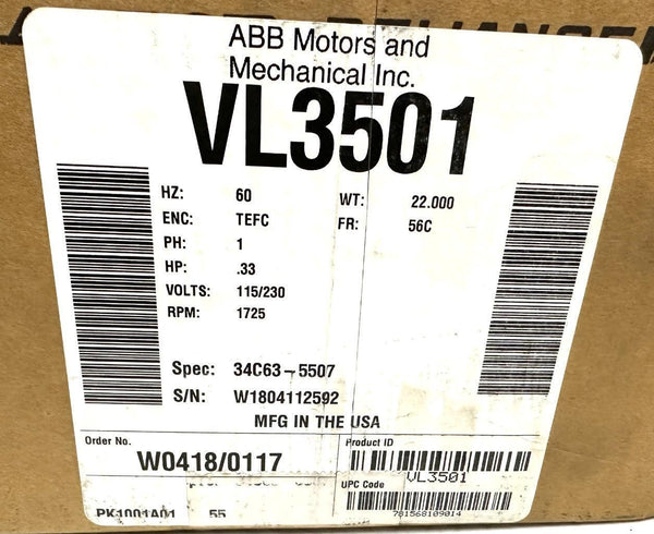 Baldor VL3501 Electric Motor 1/3 HP 1725 RPM 115/230V Single Phase 34C