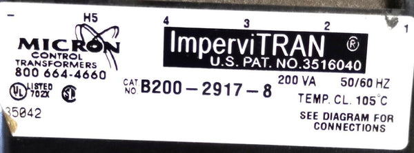 Micron ImperviTran B200-2917-8 Control Transformer 200VA 50/60HZ 105°C