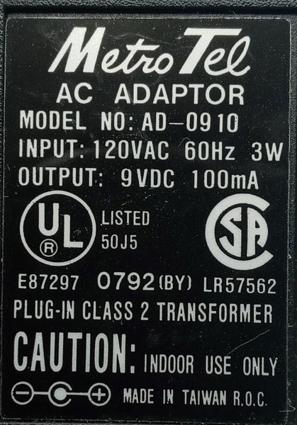 MetroTel AD-0910 OEM AC Adaptor 120VAC 60HZ 3W 9VDC