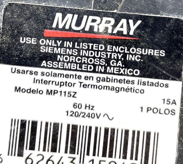 Murray MP115Z 1-Pole Circuit Breaker 15A 120/240VAC 1 PH Plug-In