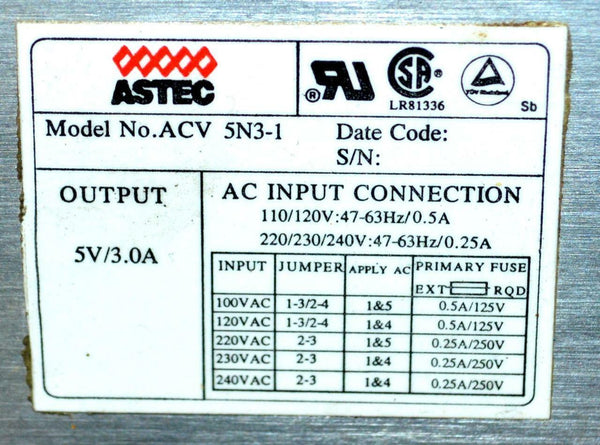 ASTEC ACV5N3-1 POWER SUPPLY 5 VDC @ 3 AMPS