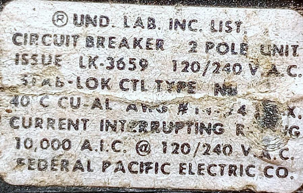 Federal Pacific NB250 2-Pole Stab-Lok Circuit Breaker 50A 120/240VAC 1 ...