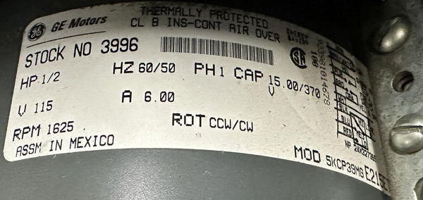 General Electric 5KCP39MG Squirrel Cage Fan Blower 1/2 HP 1625 RPM 115