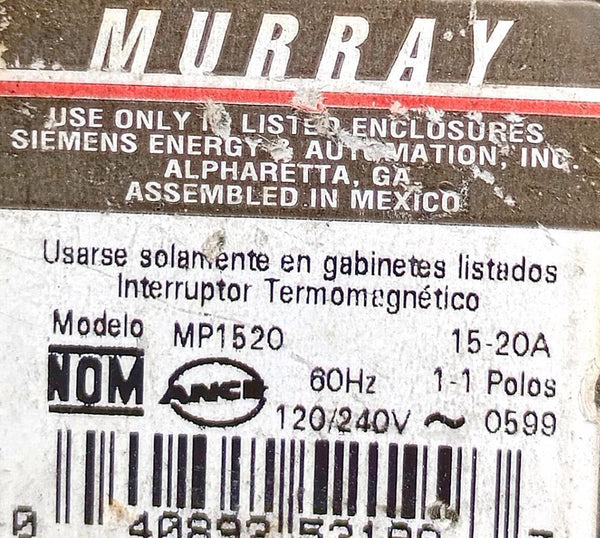 Murray MP1520 2-Pole Twin Circuit Breaker 15/20A 120/240VAC 1 PH Plug-