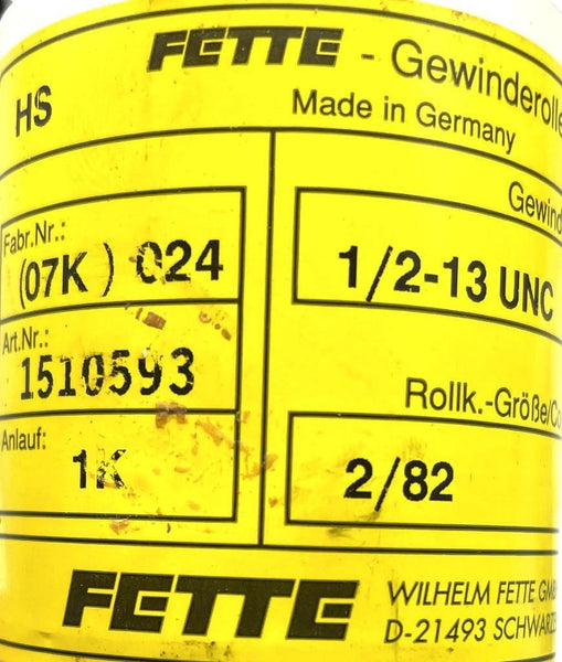 Fette 1/2-13 UNC F2 Head Axial 3 Piece Thread Roll Die Set 1k / 151059