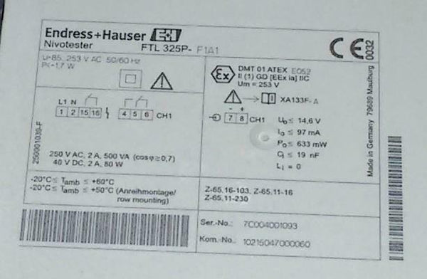 Endress + Hauser FTL 325P-F1A1 Nivotester 85-253 VAC/DC 1.7 Watts