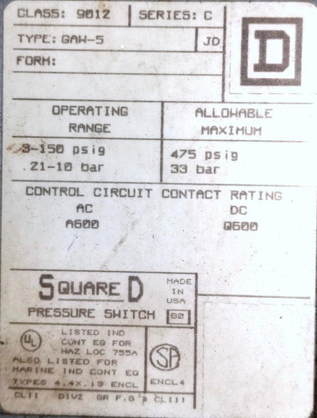 Square D 9012 GAW-5 Series C Pressure Switch 3-150 PSI Range 475 PSI M