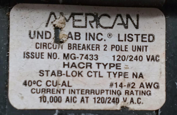 American NA220 2 Pole Circuit Breaker 20A 120/240VAC 1 PH Plug-In Moun