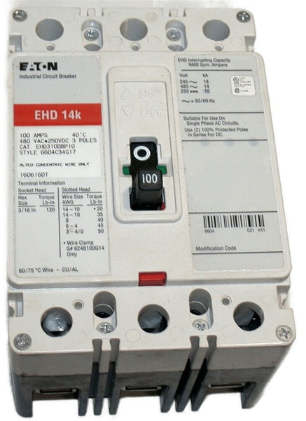 Eaton Circuit Breaker 100A, 3P, 480V, 250 VDC EHD3100BP10 New