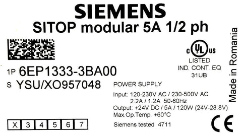 Siemens SITOP 6EP1333-3BA00 Modular Power Supply 5A 24VDC-Output 1/2ph ...