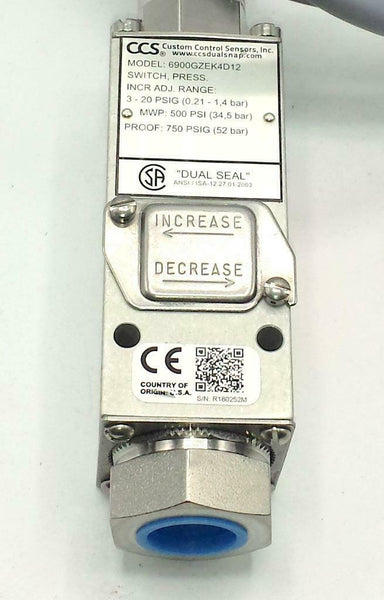 New CCS Custom Control Sensors 6900GZEK4D12 Pressure Switch