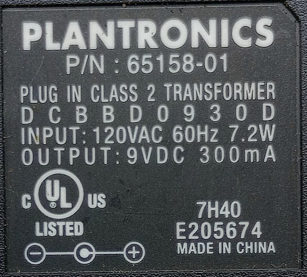 Plantronics 65158-01 Plug-In AC Adaptor 120VAC 60HZ 7.2W 9VDC Out ...