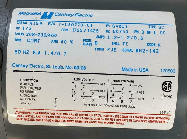 Magnetek Century 7-150770-01 H159 3-Phase AC Motor 1/3 HP – Surplus Select