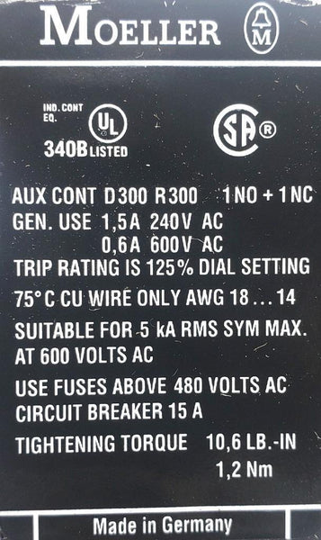 Moeller ZE-4 Overload Relay 2.4-4.0A 240-600VAC AC-15 Uimp-6000V 326-8