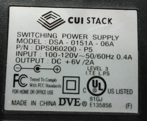 DVE CUI Stack DSA-0151A-06A Switching Power Supply 100-120V .4A 50/60H