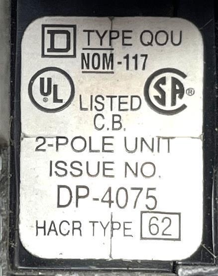 Square D QOU220 2-Pole Circuit Breaker 20A 240VAC 1 Phase Bolt-On Moun