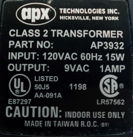 APX AP3932 Class 2 Transformer AC Adaptor 9/120VAC 60HZ 15W 1A