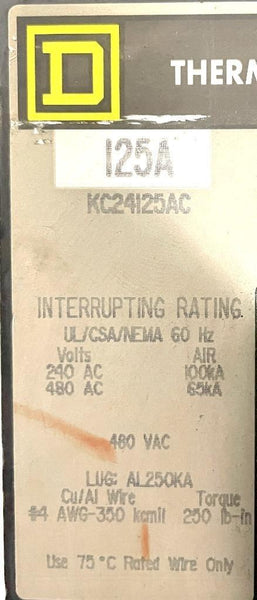 Square D KC24125AC 2-Pole I-Line Circuit Breaker 125A 480V 1 PH Plug-I