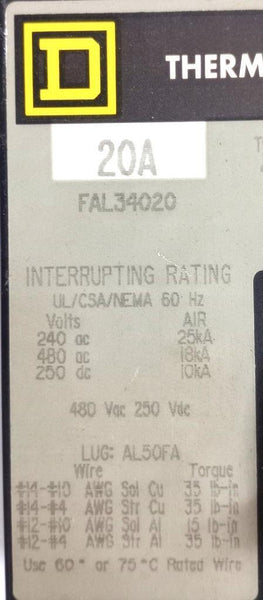 Square D FAL34020 3-Pole Circuit Breaker 20A 480VAC 3 PH Feed-Thru