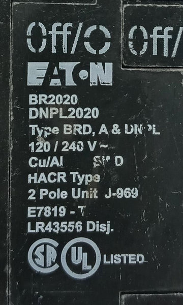 Eaton BR2020 2 Pole Duplex Twin Circuit Breaker 20/20A 120/240VAC 1 PH ...