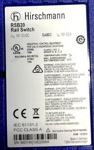 Hirschmann RSB20 Rail Switch 9.6-32VDC Class 2 – Surplus Select
