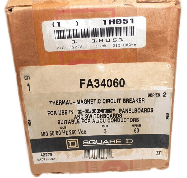 Up to 3 NIB Square D 60 Amp I-Line 480VAC/250VDC Circuit Breakers FA34