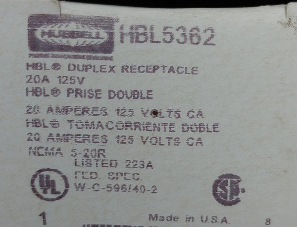 Hubbell HBL5362 Straight Blade Duplex Receptacle 2 Pole 20A 125V - Bro ...