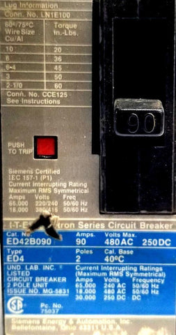 Siemens ED42B090 Circuit Breaker Sentron-Series Type-ED4 90A 2Poles ...