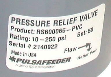 New Pulsafeeder RS600065 Pressure Relief Valve 10-250 PSI SET 50