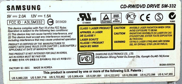 Samsung SM-332 CD-RW/DVD Drive 5 Volts @ 2 Amps / 12 Volts @ 1.5 Amps