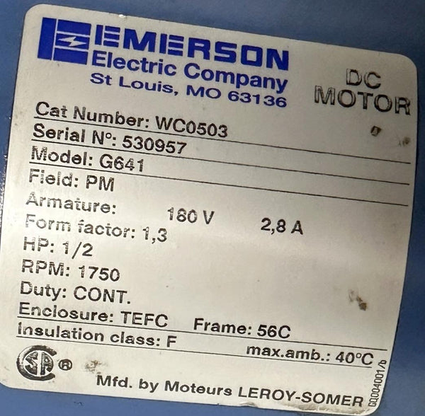 Emerson G641 Electric Motor 1/2 HP 1750 RPM 56C 180 VDC 2.8A TEFC WC05
