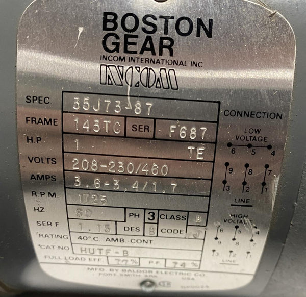 Boston Gear HUTF-B Gear Motor 1 HP 1725 RPM 230/4600V 3 Phase | Surplus ...
