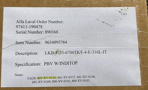 Alfa Laval LKB-F 4" Motorized Butterfly Valve 316 Stainless w/ Indi Co