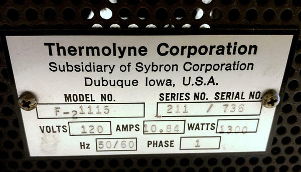 Sybron F-21115 Thermolyne Tube Furnace 120 V 10.84 Amps 1300 Watts ...