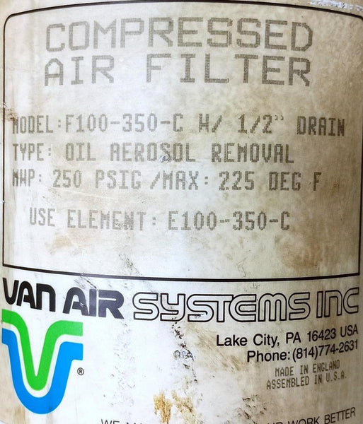 Van Air Systems F100-350-C Compressed Air Filter W/ 1/2" Drain 250 PSI
