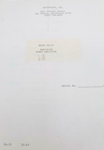 Optimation Inc. Model PA-25 Precision Power Amplifier Instruction Manu